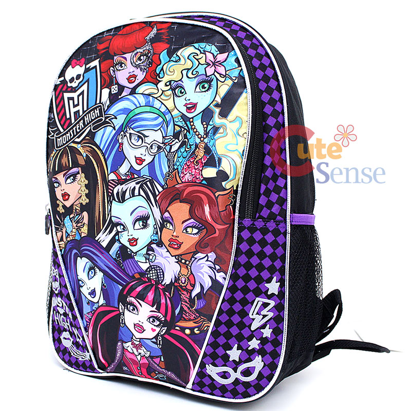 Monster High 16" Large School Backpack Lunch Bag Set -Purple Checkered ...