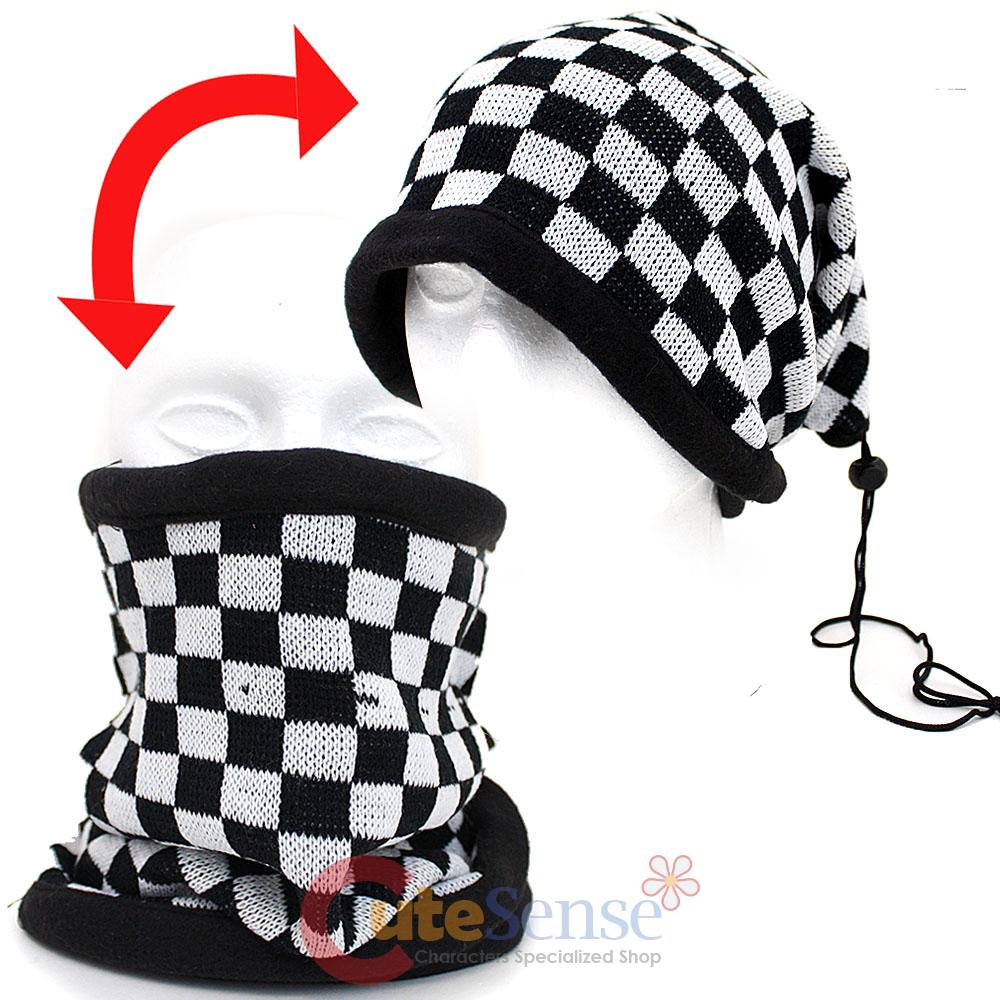 Black and White Checkered Plaid Convertible Neck Warmer Beanie at ...