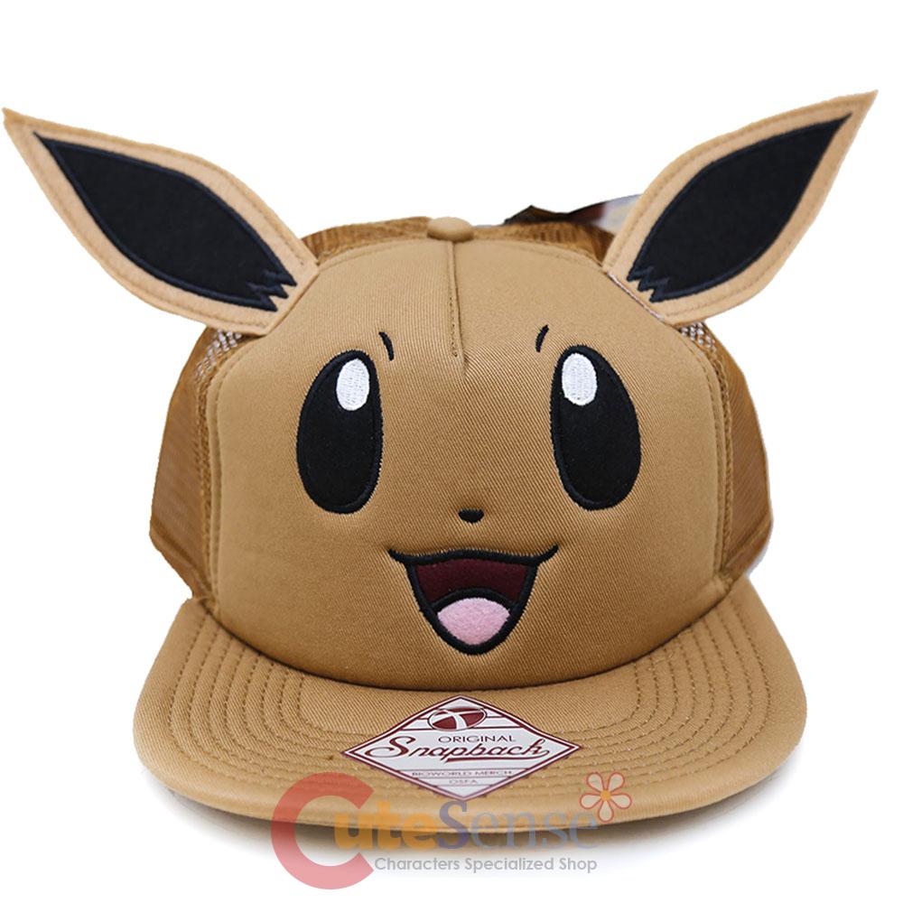 Pokemon Eevee Face Snapback Hat Mesh Back Trucker with 3D Ear Costume Cap