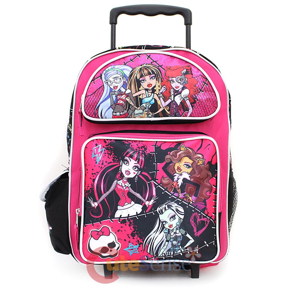 Monster High Roller School Backpack 16" Large Pink Rolling Bag ...